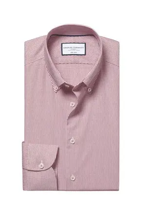 CHARLES TYRWHITT Non-iron Stretch Pinpoint Oxford Stripe Shirt - Maroon Red