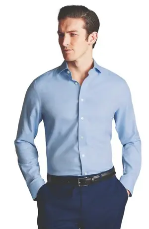 CHARLES TYRWHITT Cutaway Collar Non-iron Herringbone Shirt - Blue