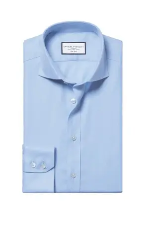 CHARLES TYRWHITT Cutaway Collar Non-iron Herringbone Shirt - Blue