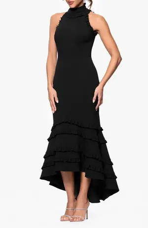 XSCAPE EVENINGS Ruffle Detail High-low Gown