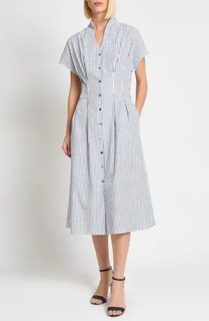 Ming Wang X Tanya Foster Pinstripe Cotton Fit & Flare Midi Dress