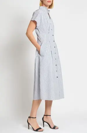 Ming Wang X Tanya Foster Pinstripe Cotton Fit & Flare Midi Dress