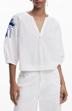 Desigual Beaded Puff Sleeve Crop Shirt