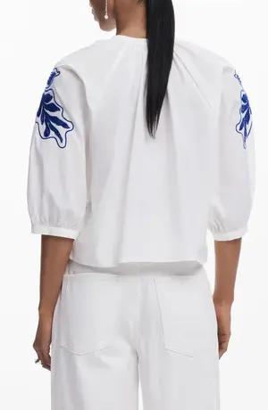 Desigual Beaded Puff Sleeve Crop Shirt