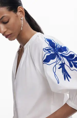 Desigual Beaded Puff Sleeve Crop Shirt