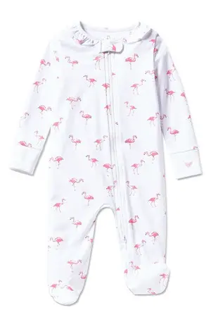 PETITE PLUME Flamingo Print Pima Cotton Footie - White
