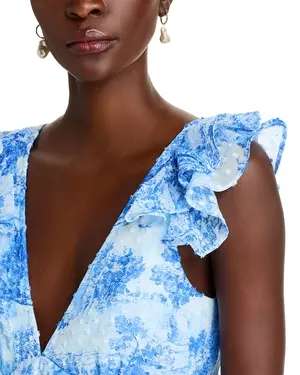 Aqua Toile Ruffle Trim Dress