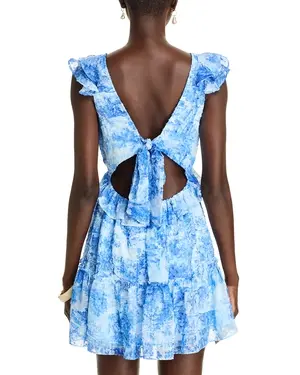 Aqua Toile Ruffle Trim Dress