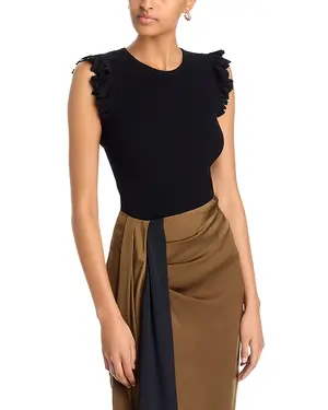 Aqua Rib Knit Flutter Sleeve Top - Black