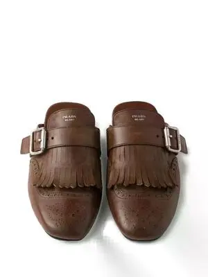 Prada Fringed Leather Mules - Brown
