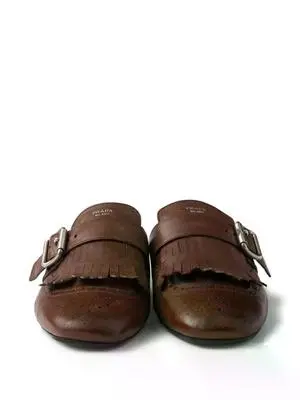 Prada Fringed Leather Mules - Brown