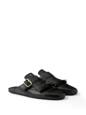 Prada Shuffle Fringed Leather Mules - Black