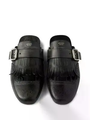 Prada Shuffle Fringed Leather Mules - Black