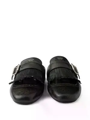 Prada Shuffle Fringed Leather Mules - Black