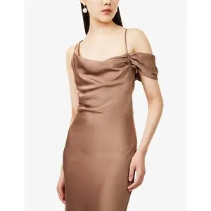 pretty lavish brown satin dress ASOS Amelia Ruched One Shoulder Satin Maxi Dress In Deep Brown