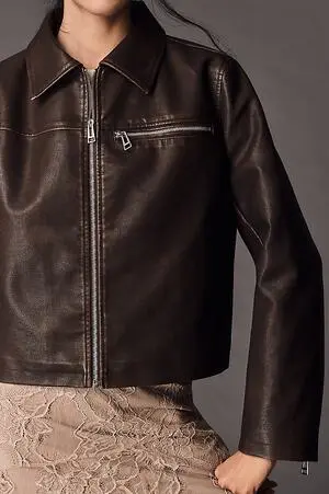 PILCRO Washed Faux Leather Cropped Moto Jacket