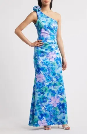 Eliza J Floral One-shoulder Mermaid Gown