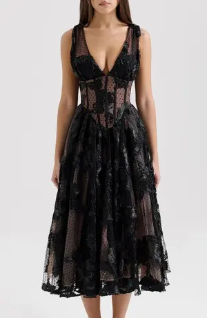 House Of Cb Sianna Lace Corset Cocktail Midi Dress - Black