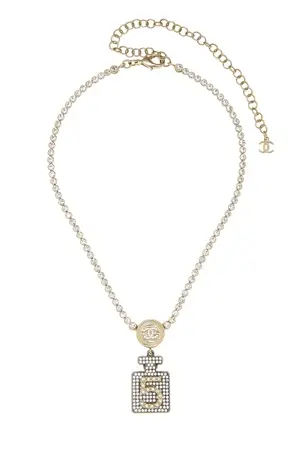 Chanel Crystal Perfume Bottle Charm Necklace - Gold