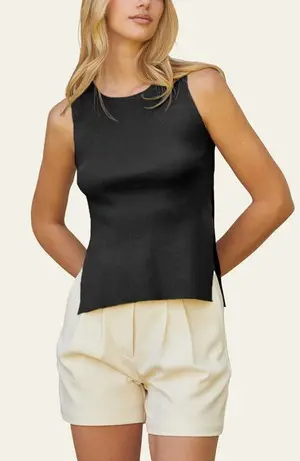CRESCENT Side Slit Sleeveless Knit Top - Black
