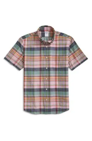 Brooks Brothers Madras Plaid Short Sleeve Button-down Shirt