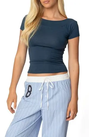 EDIKTED Becca Boat Neck T-shirt - Navy