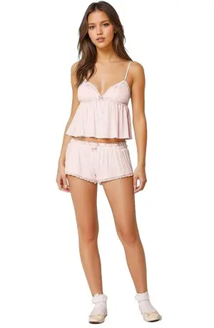 EDIKTED Waffle Knit Ruffle Shorts - Pink