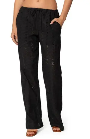 EDIKTED Eyelet Cotton Drawstring Pants - Black