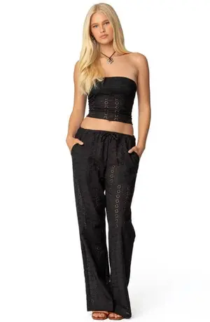 EDIKTED Eyelet Cotton Drawstring Pants - Black