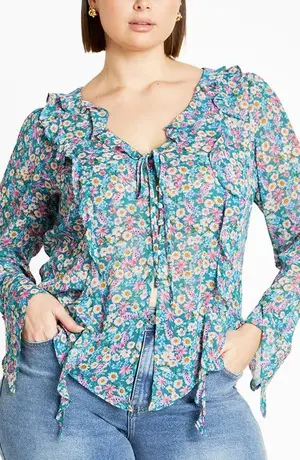 City Chic Lidia Floral Ruffle Chiffon Top - Ditsy Swirl