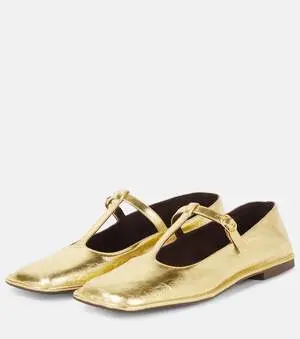 THE ROW Square T-strap Leather Mary Jane Flats - Gold