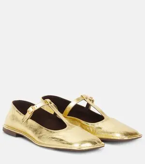 THE ROW Square T-Strap Leather Mary Jane Flats Gold