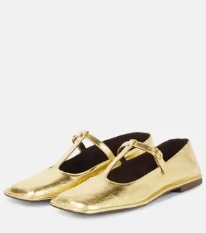 THE ROW Square T-strap Leather Mary Jane Flats - Gold