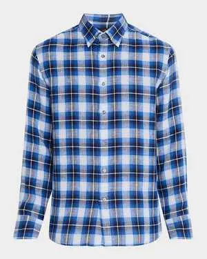 Brioni Linen Madras Check Casual Button-down Shirt Whiteroya