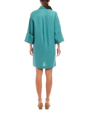 Karen Kane Linen Cuffed Sleeve Dress - Aqua