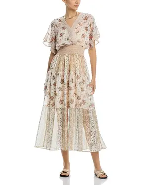KOKO + MASON Kimono Short Sleeve Midi Dress - Ivory Floral