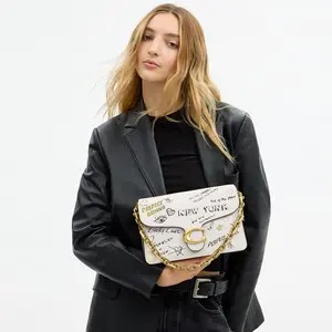 COACH Chain Tabby Shoulder Bag With Sketch Print - Brass/chalk Multi