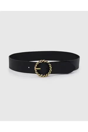 Splendid Wide Leather Belt With Brass Twist Buckle - Black