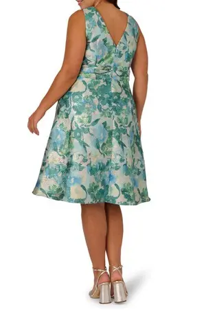 Adrianna Papell Floral Jacquard Midi Cocktail Dress - Blue Multi