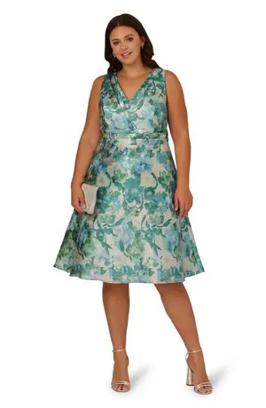 Adrianna Papell Floral Jacquard Midi Cocktail Dress - Blue Multi