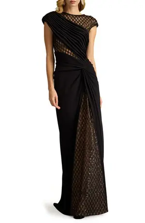 Tadashi Shoji Mixed Media Crepe Gown - Black