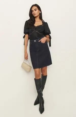 REFORMATION Dolly Lace Trim Silk Charmeuse Top - Black
