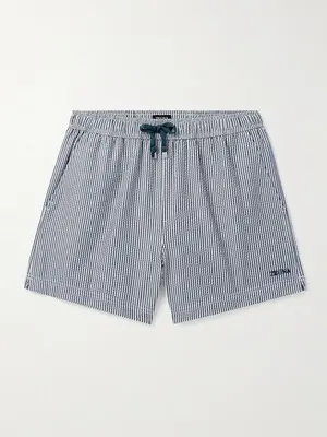 Zegna Straight-leg Mid-length Striped Seersucker Shorts - Blue
