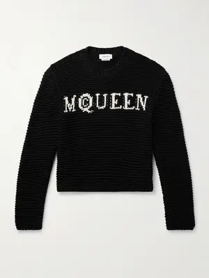 Alexander McQueen Cropped Ribbed Logo-jacquard Cotton Sweater - Black