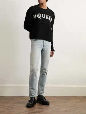 Alexander McQueen Cropped Ribbed Logo-jacquard Cotton Sweater - Black