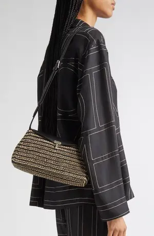 TOTEME T-lock Top Handle Woven Leather Clutch - Black/sand