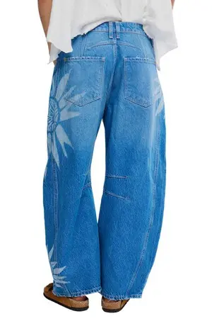 Free People Floral Print Barrel Jeans - Sun Fade Laser - Fad
