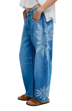 Free People Floral Print Barrel Jeans - Sun Fade Laser - Fad