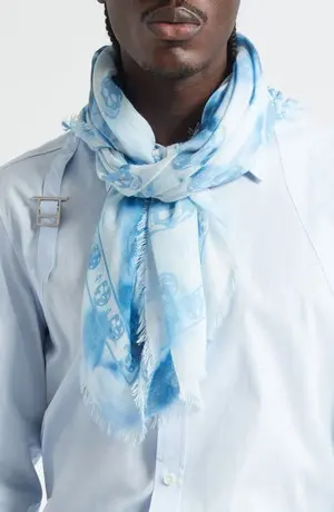 Alexander McQueen Classic Skull Bleached Foulard Scarf - Ivory/ Blue