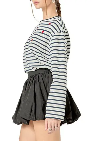 English Factory Heart Embroidered Stripe Cotton Top